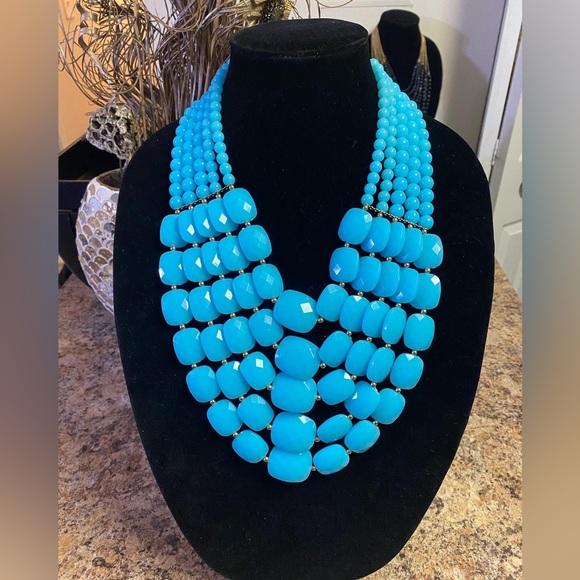 Jewelry | 5 Strand Turquoise Blue Acrylic Gold Beaded Necklace | Poshmark